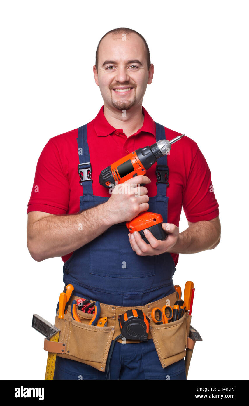 portrait of caucasian handyman isolated on white background Stock Photo ...