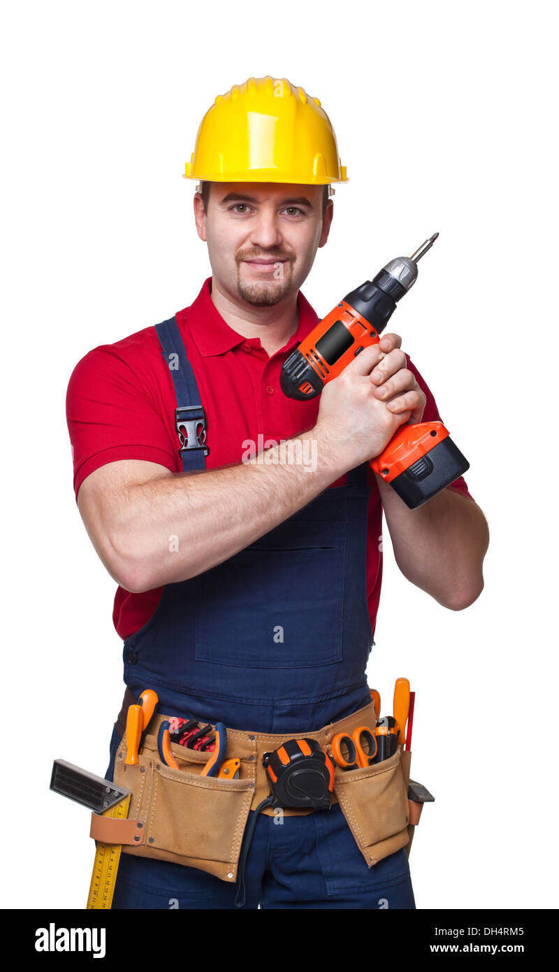 portrait of caucasian handyman isolated on white background Stock Photo ...