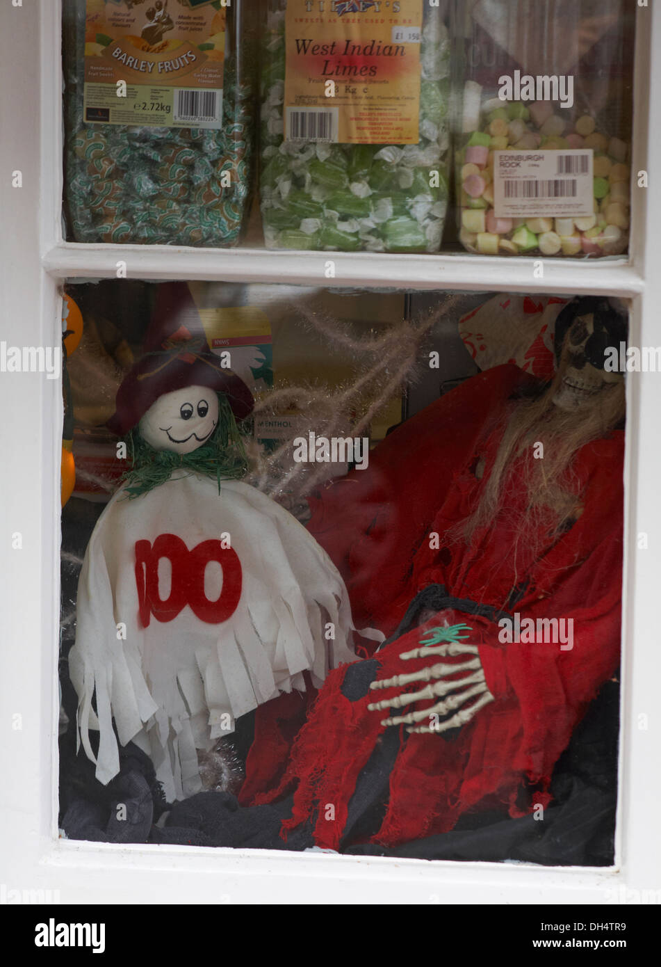 Scary Halloween decorations in shop window with sweets at Beaulieu ...