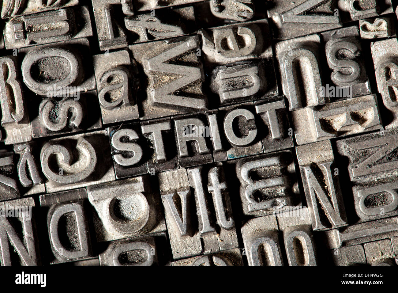 Old lead letters forming the word "STRICT Stock Photo - Alamy