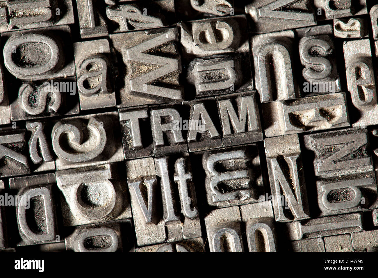 Old lead letters forming the word TRAM Stock Photo - Alamy