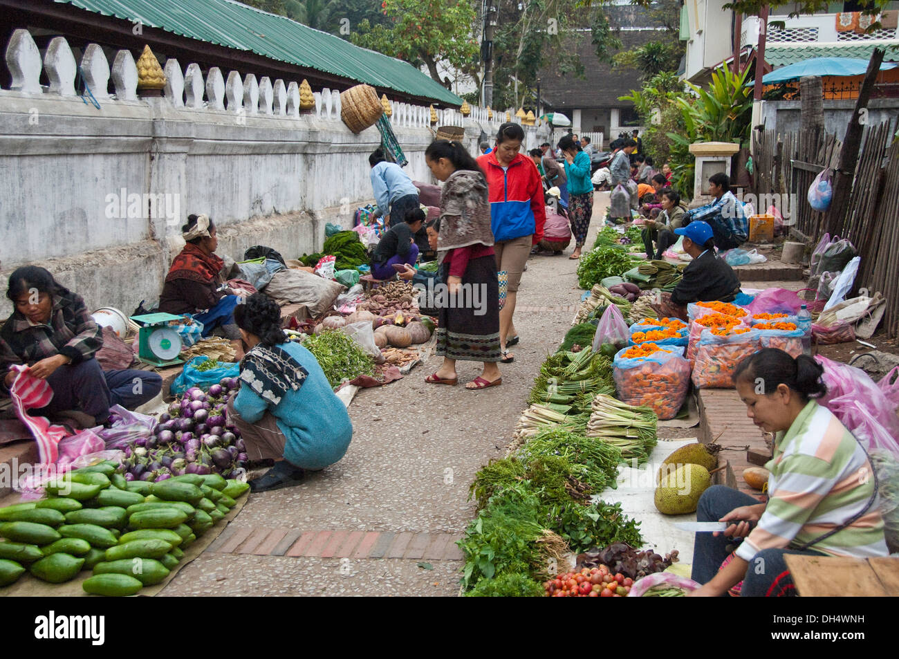 Horizontal streetscape of the daily fruit and vegetable market in Luang ...