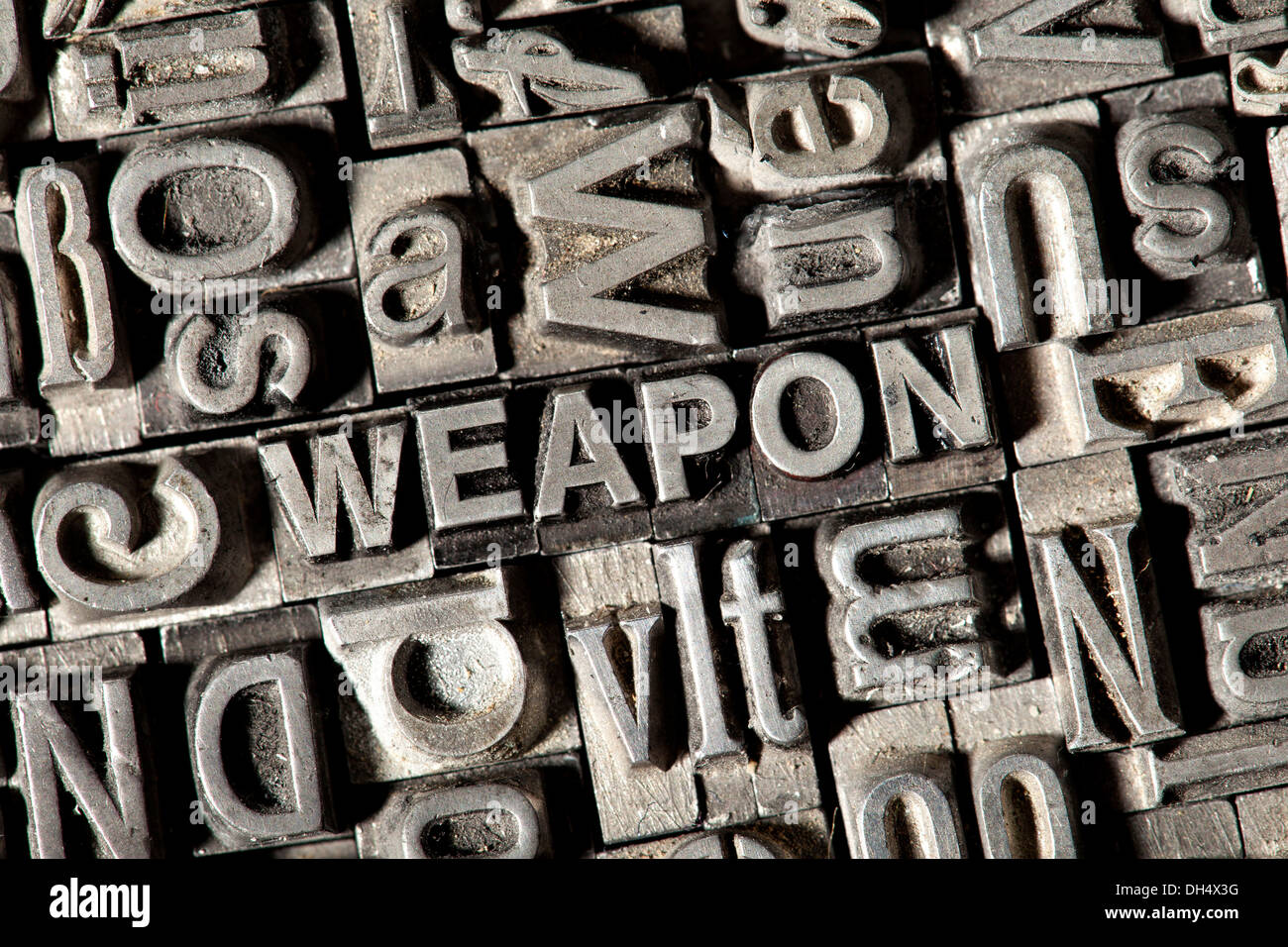 Old lead letters forming the word WEAPON Stock Photo - Alamy