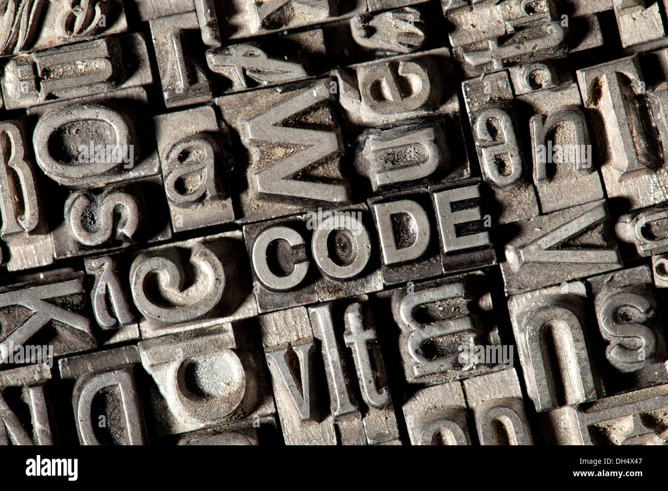 Old lead letters forming the word CODE Stock Photo - Alamy
