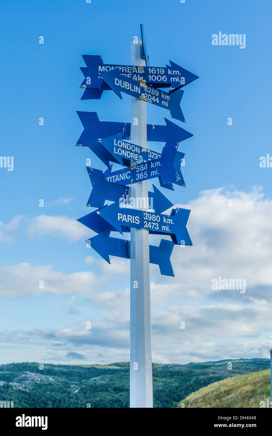Blue direction arrows on a pole with white lettering to distant sites ...