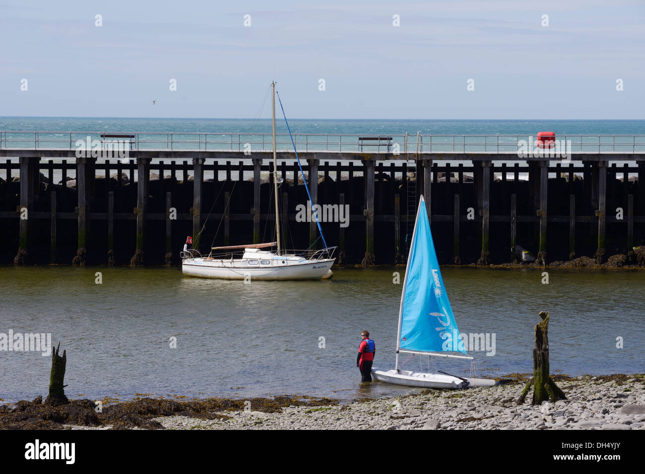 Man in wetsuit waiting beside Laser Pico sailing dinghy, Aberystwyth ...
