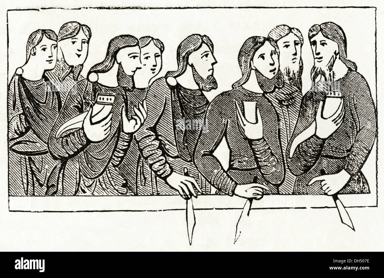 Anglo Saxon Britain. Daily life men drinking ale from cows horns in ...