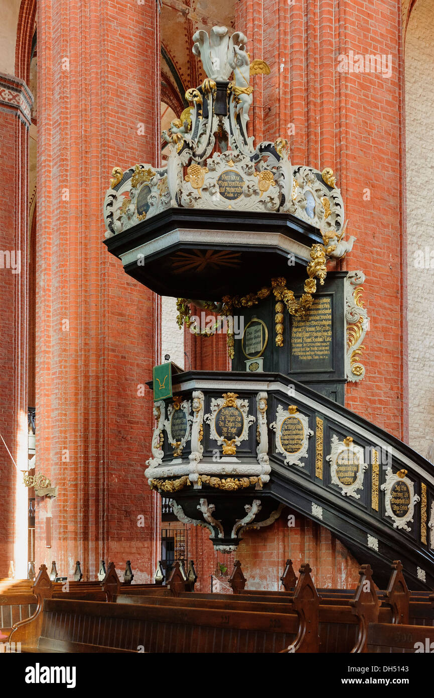 baroque pulpit in Church St. Nicolai, Hanseatic city of Wismar ...