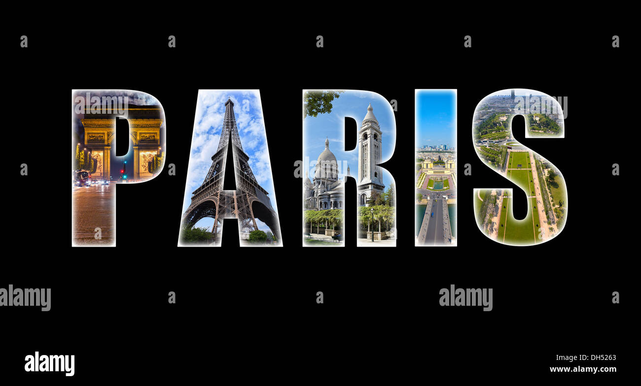 City of Paris, letters collage and monuments Stock Photo - Alamy