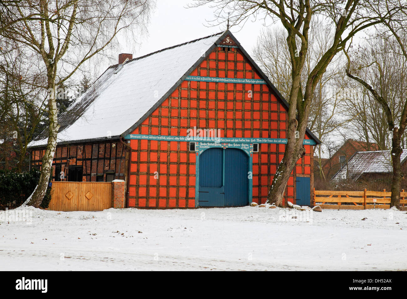 Typical historic Lower Saxon half-timbered house at rundling village of ...