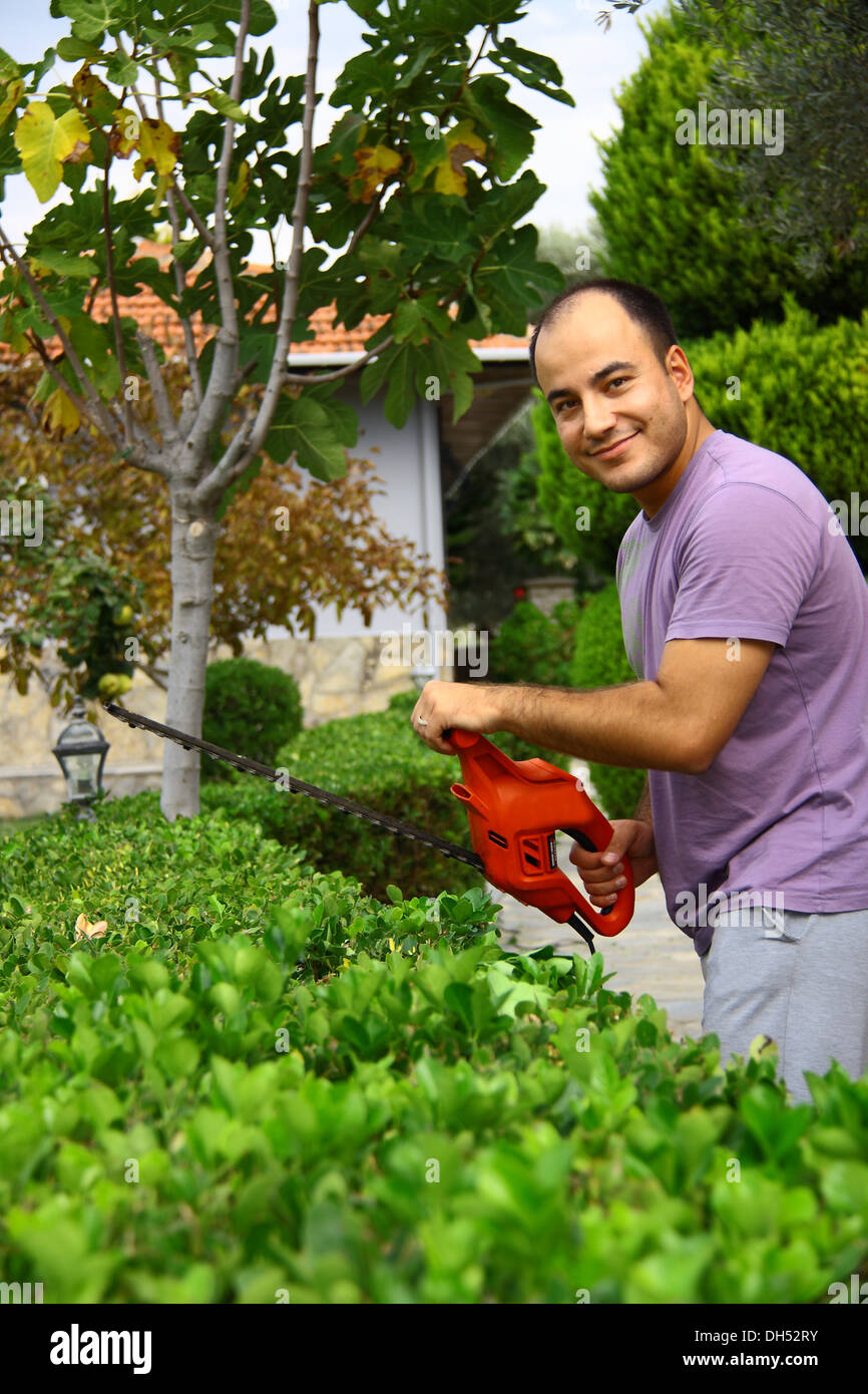 man pruning shrub in garden with electrical pruning tool Stock Photo ...
