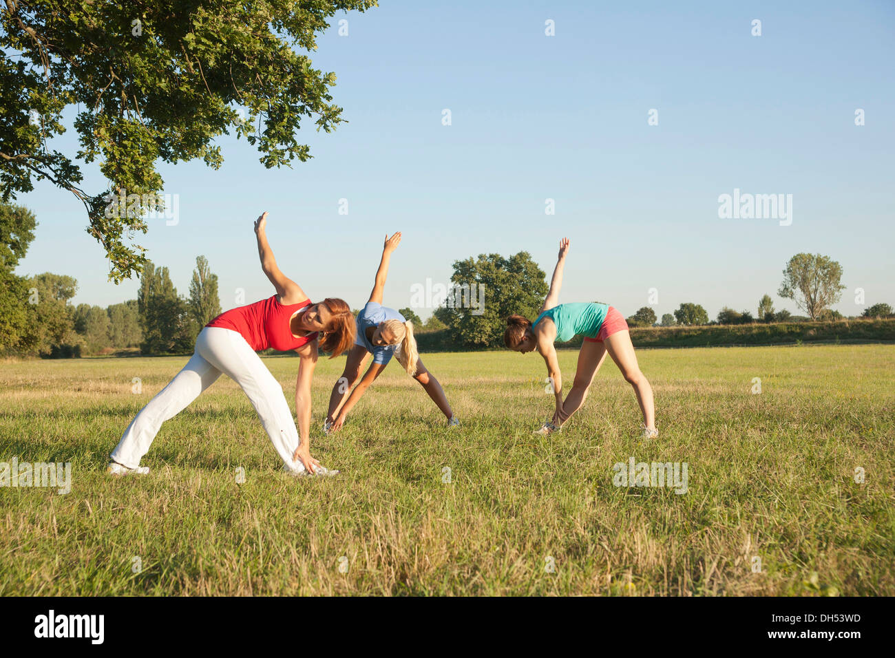 Three young women doing gymnastics exercises together in a meadow Stock ...