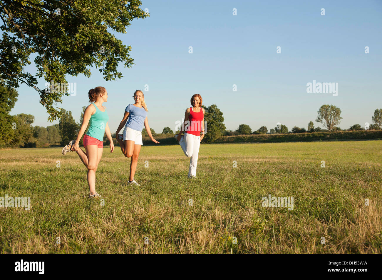 Three young women doing gymnastics exercises together in a meadow Stock ...