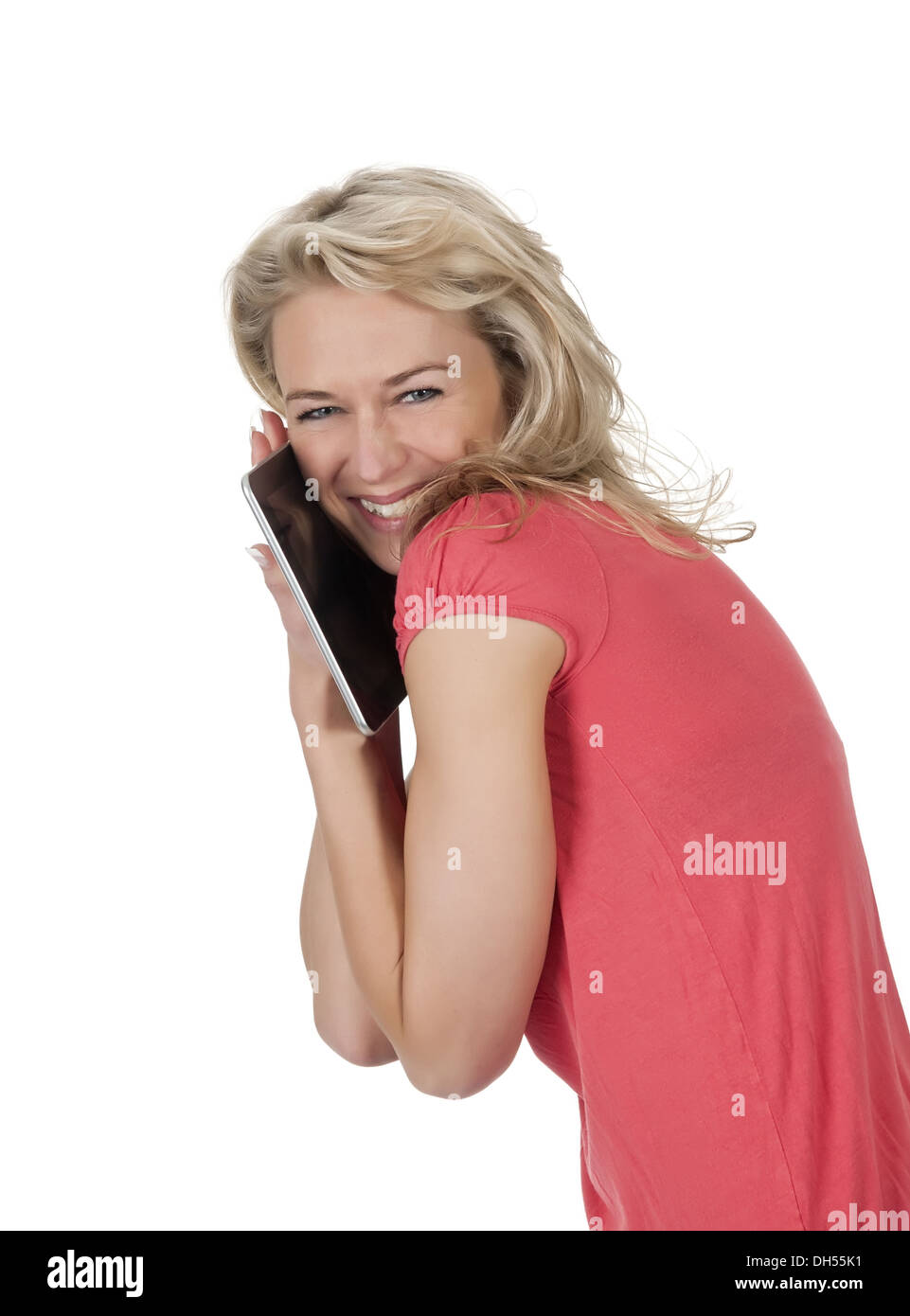 woman hugging her tablet computer Stock Photo - Alamy