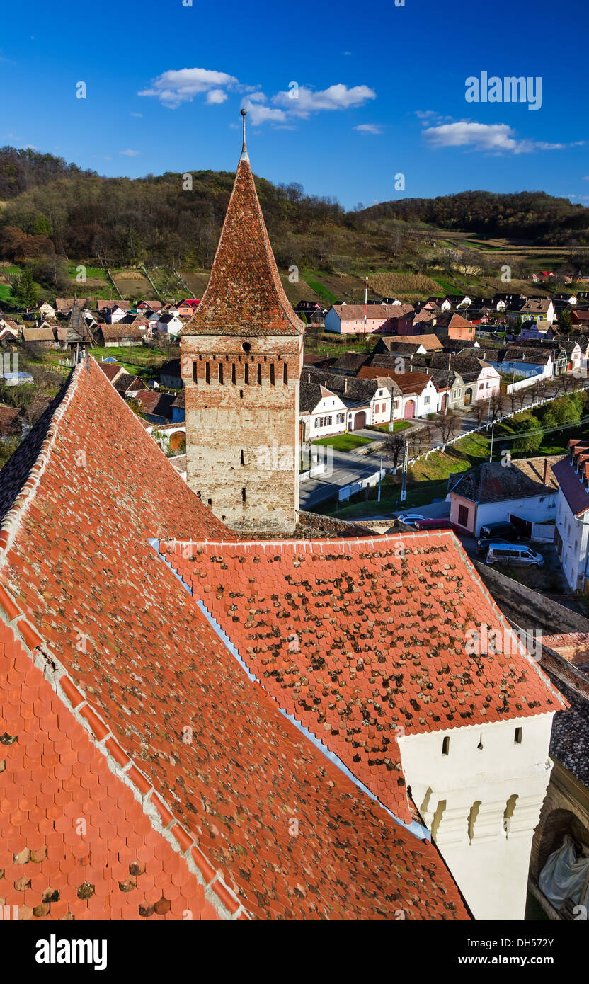 View of Mosna village from the fortified church tower. Medieval rural ...