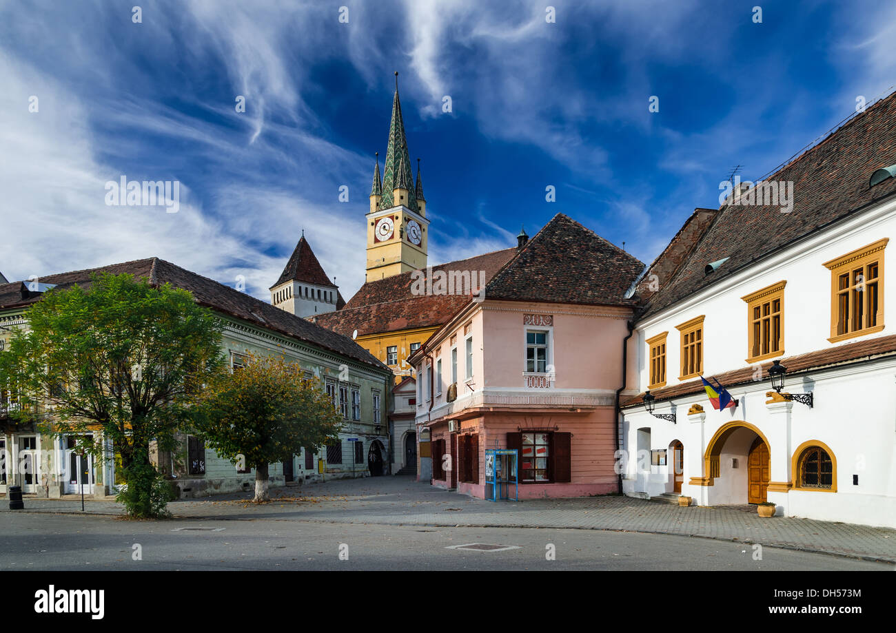 Medias, Transylvania. Cityscape of downtown in medieval city with ...