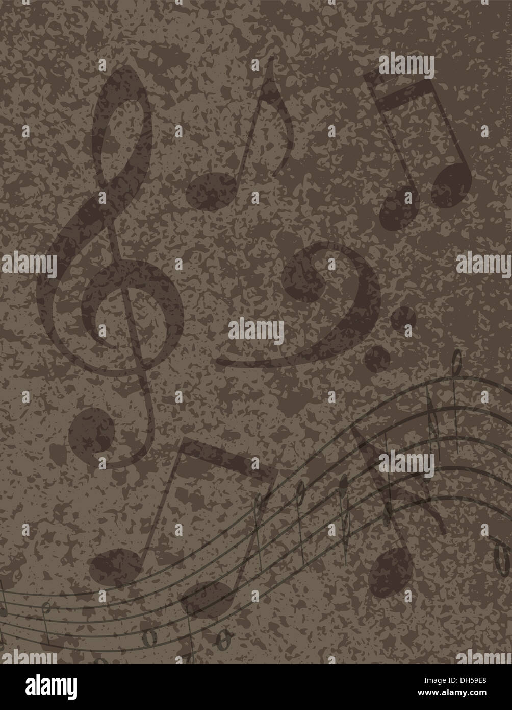 Random Musical Notes with Treble Clef on Grunge Textured Background ...