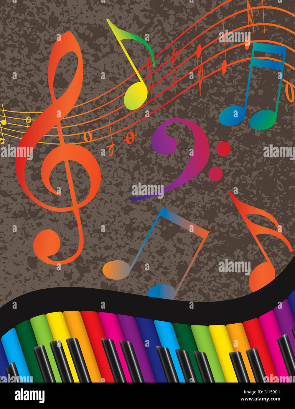 Wavy Abstract Piano Keyboard With Rainbow Colors Keys And Musical Notes