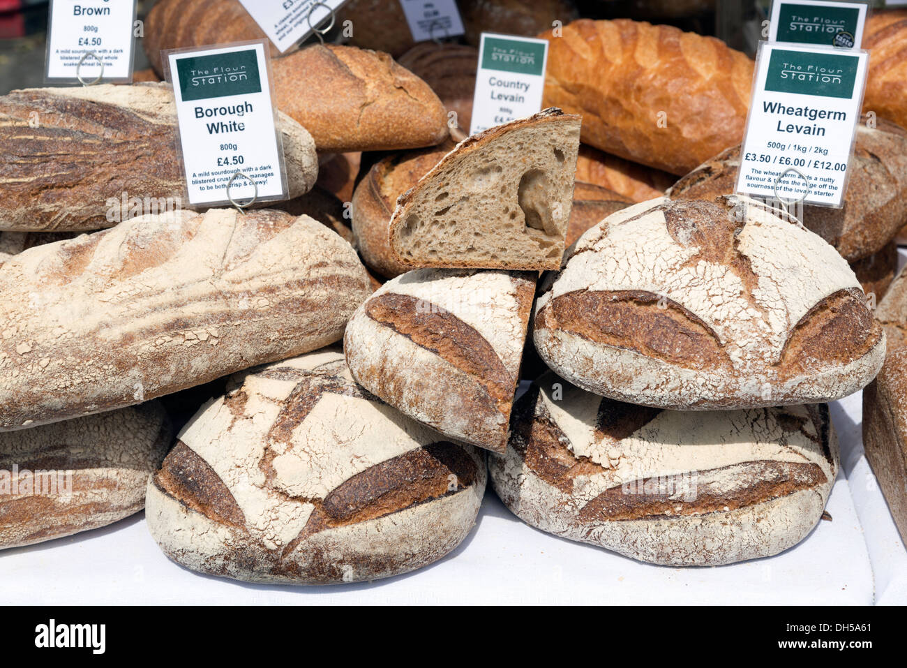 Bread loaves for sale at a farmers market, London, England, UK Stock ...