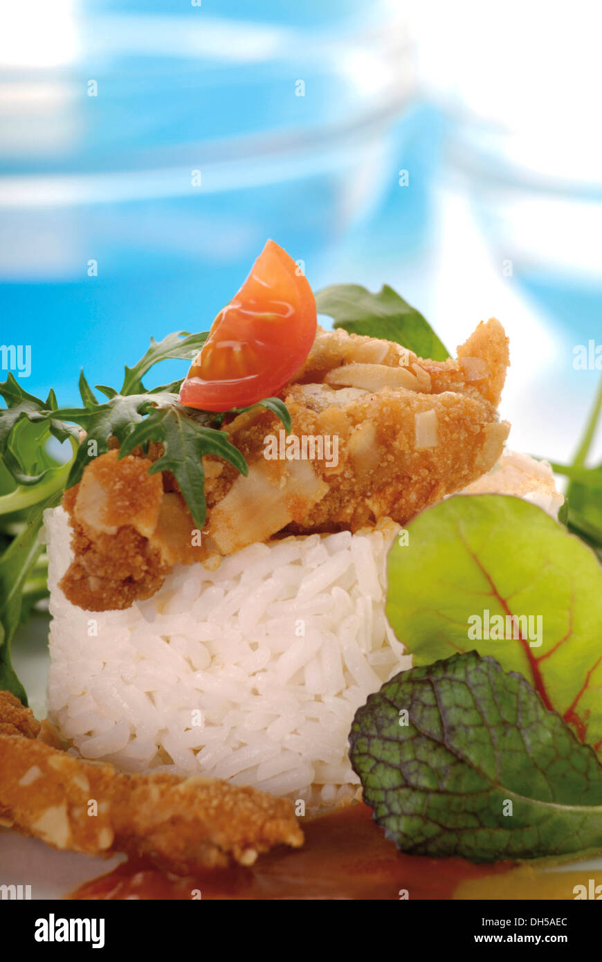 Rice with breaded chicken Stock Photo - Alamy