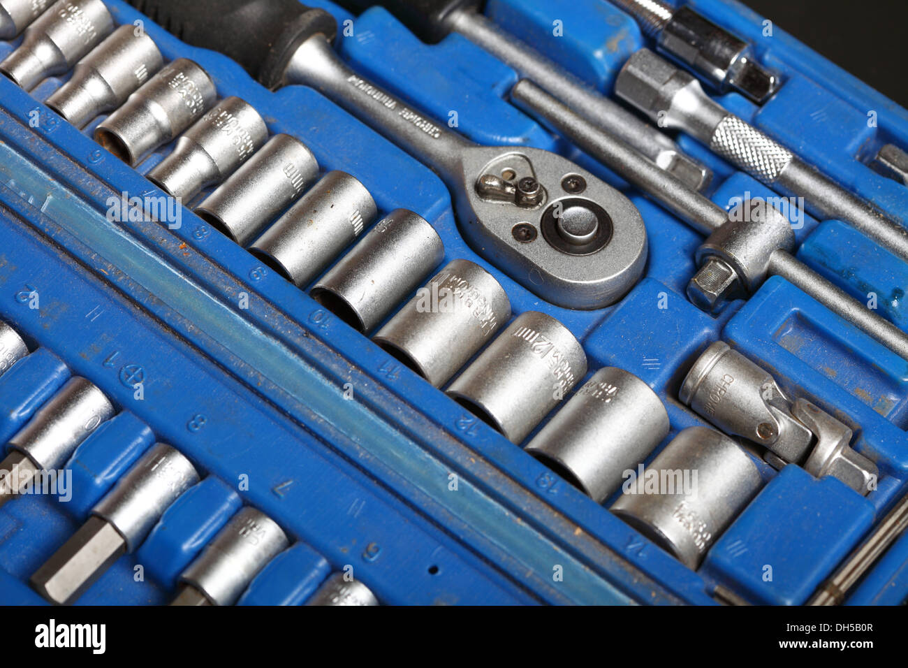 Closeup toolkit set of manual tools in blue box Stock Photo - Alamy