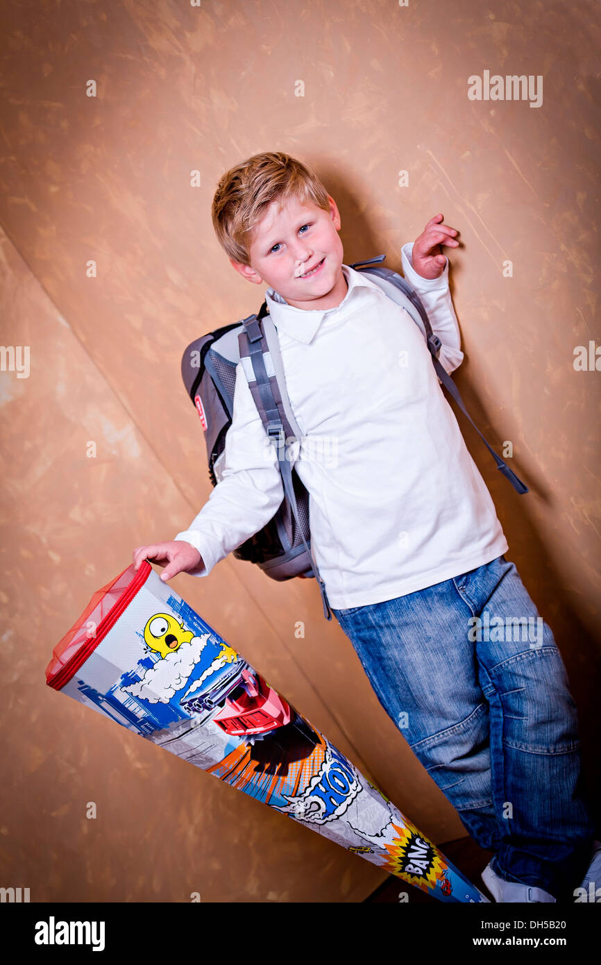 School boy, first grader with a school bag and a school cone Stock ...