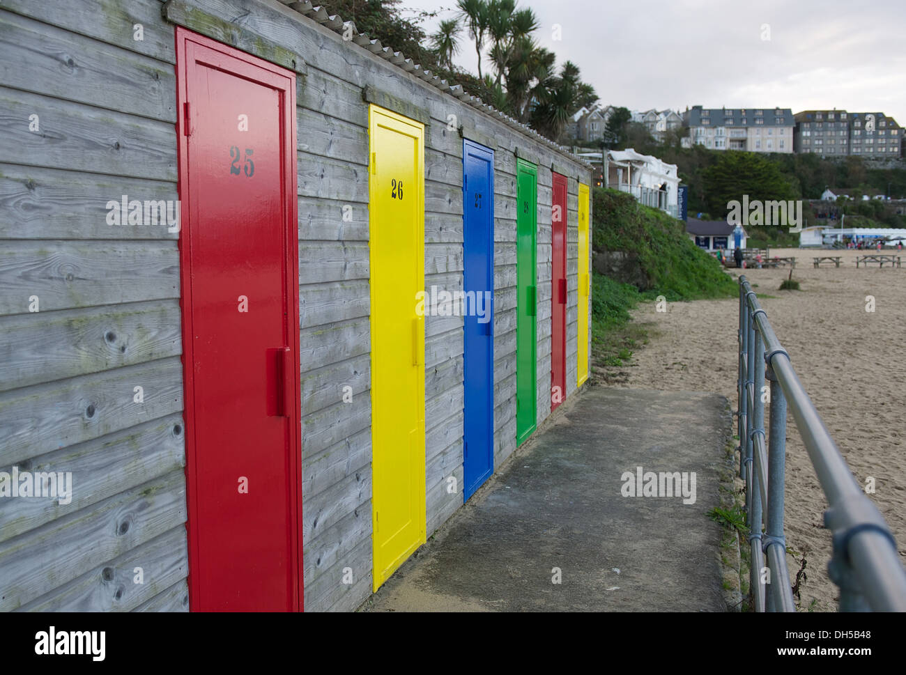 beach huts at st. ives cornwall with colourful doors colored Stock ...