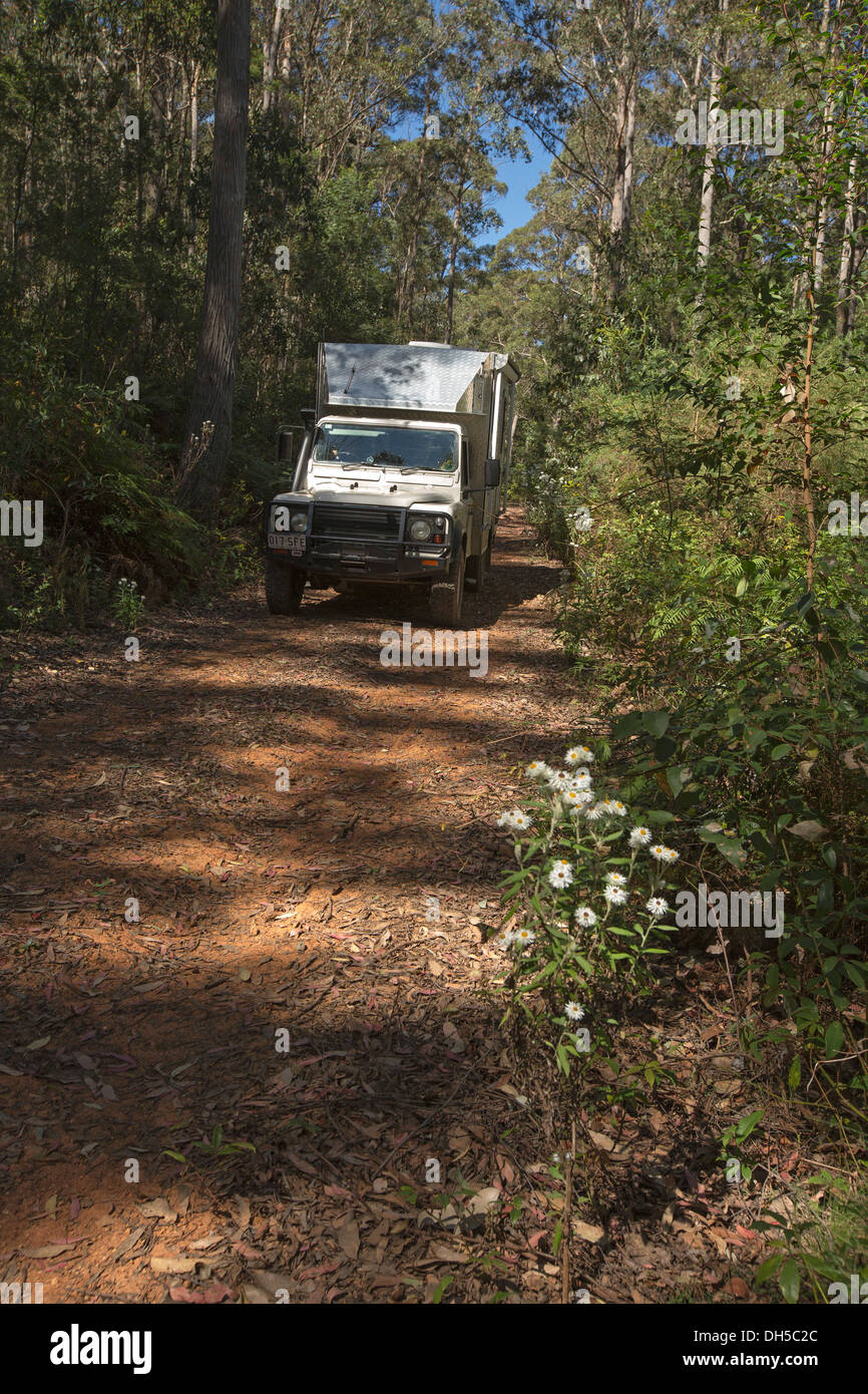 4WD campervan / mobile home driving along stony track through lush ...