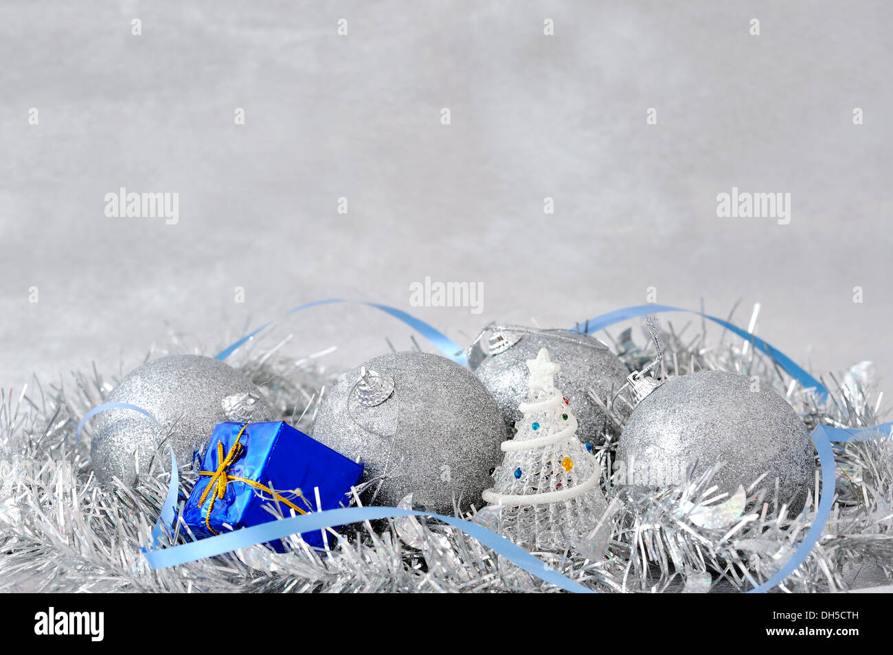 christmas decoration with tree silver balls small gift box and ribbon ...