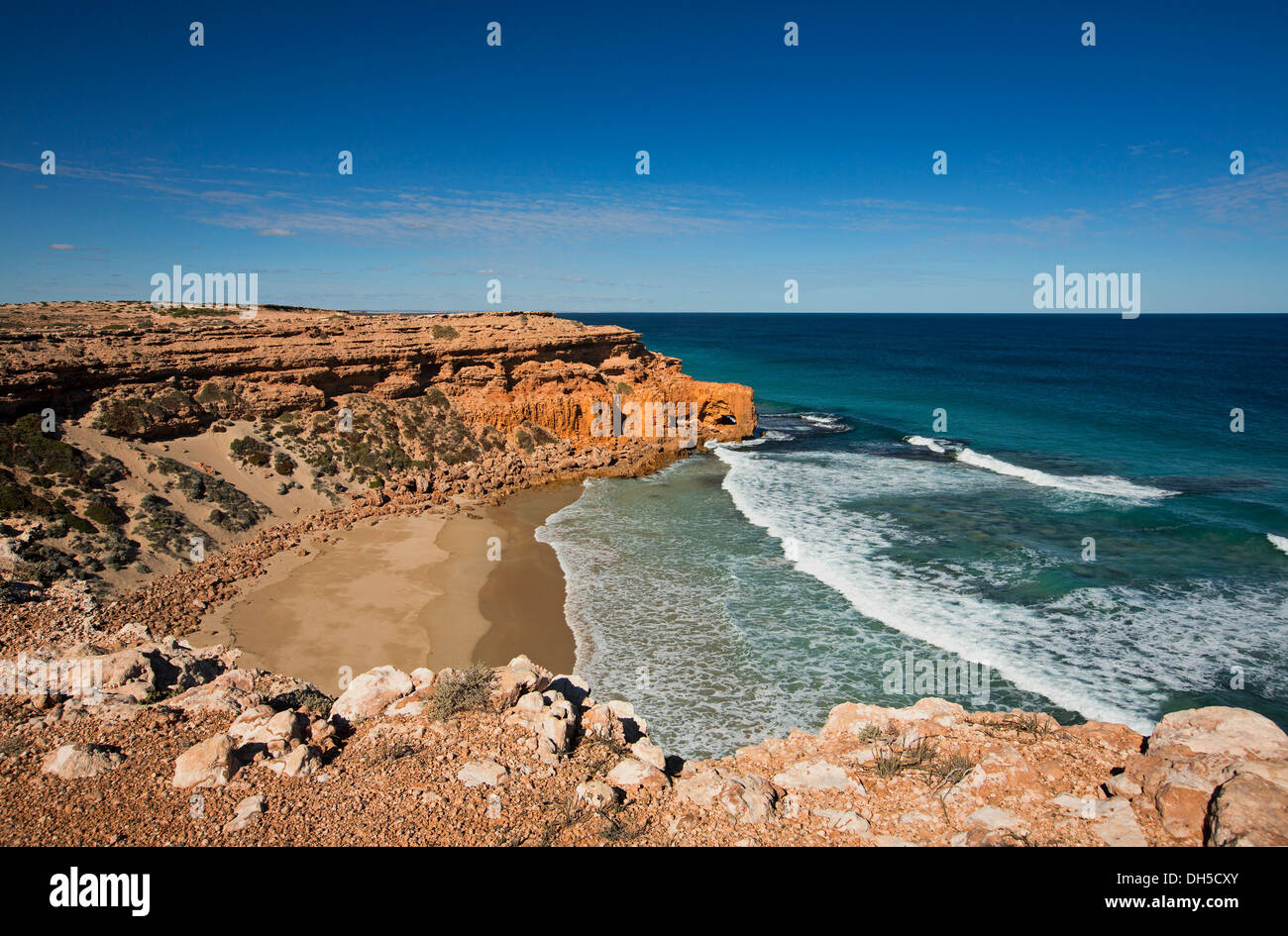 View of coastal landscape, beach, and high cliffs from Needle Eye ...