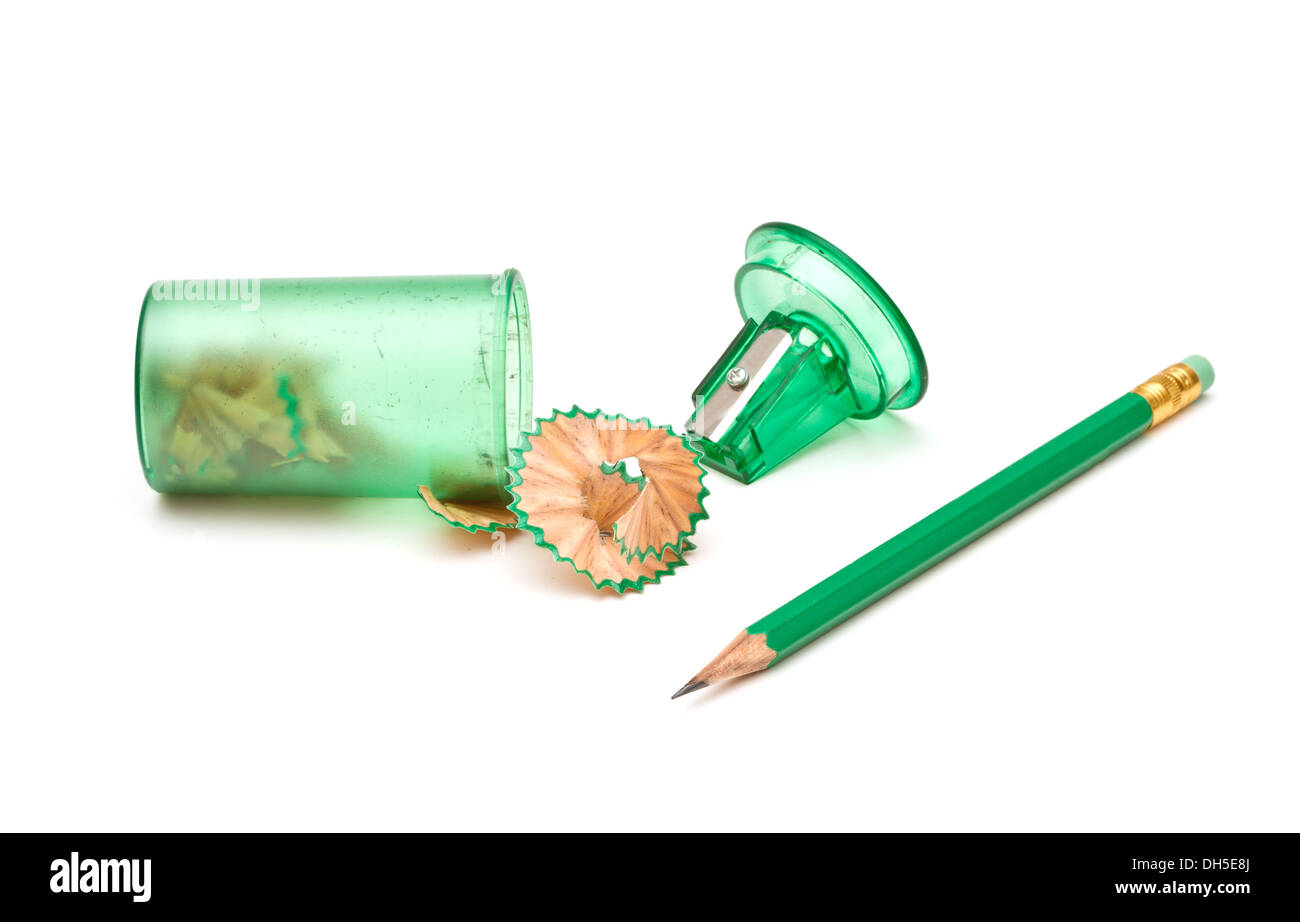 Green sharpener and pencil on white background Stock Photo - Alamy