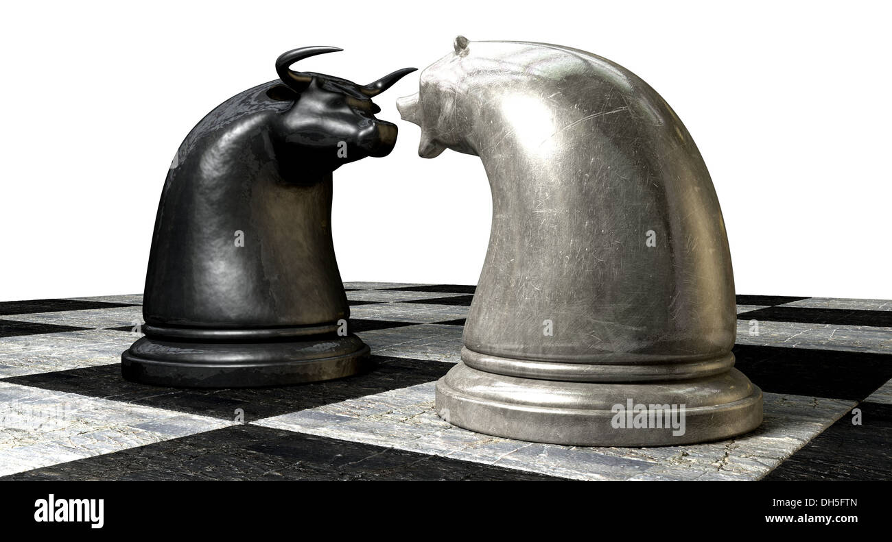 Two contrasting metal chess pieces depicting a stylized bull and a bear ...