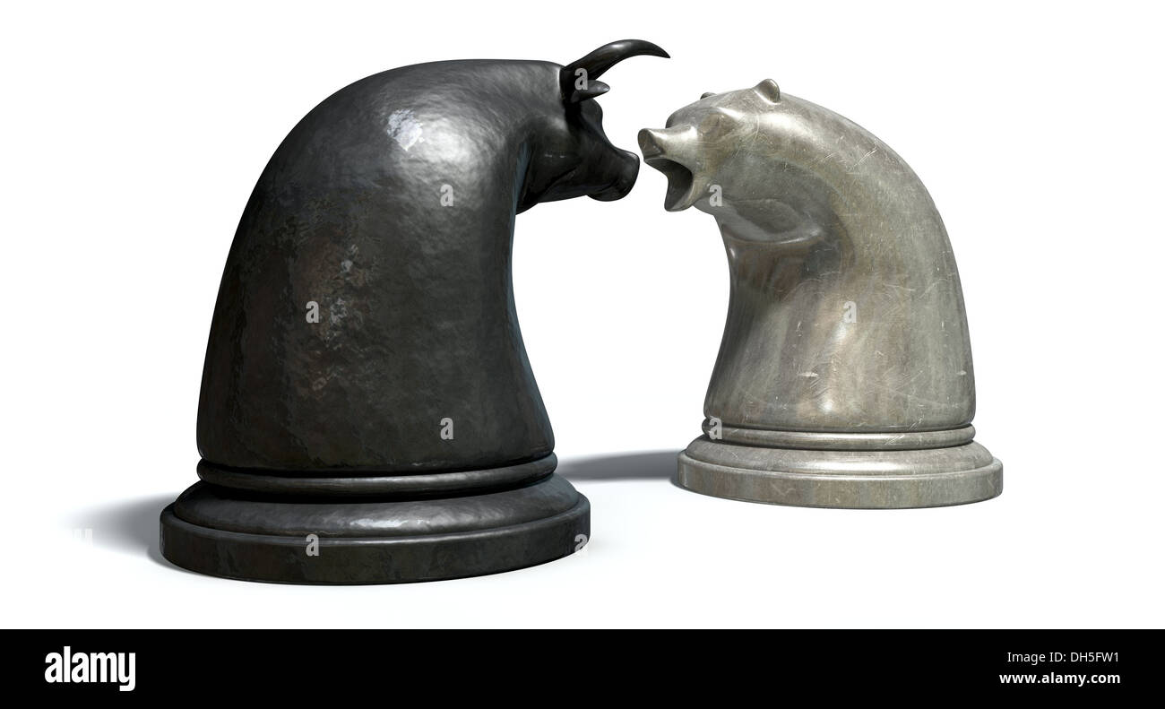 Two contrasting metal chess pieces depicting a stylized bull and a bear ...
