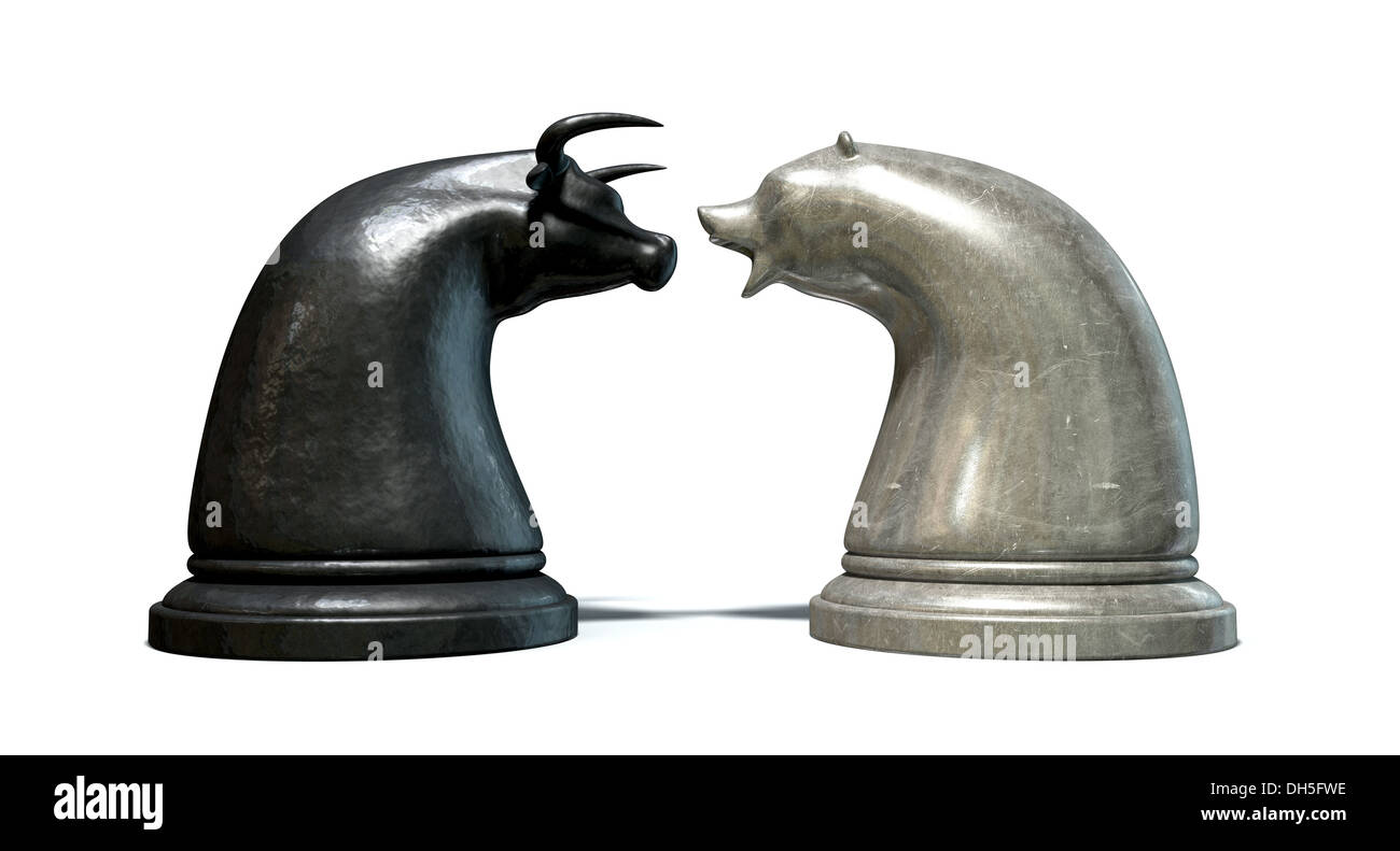 Two contrasting metal chess pieces depicting a stylized bull and a bear ...