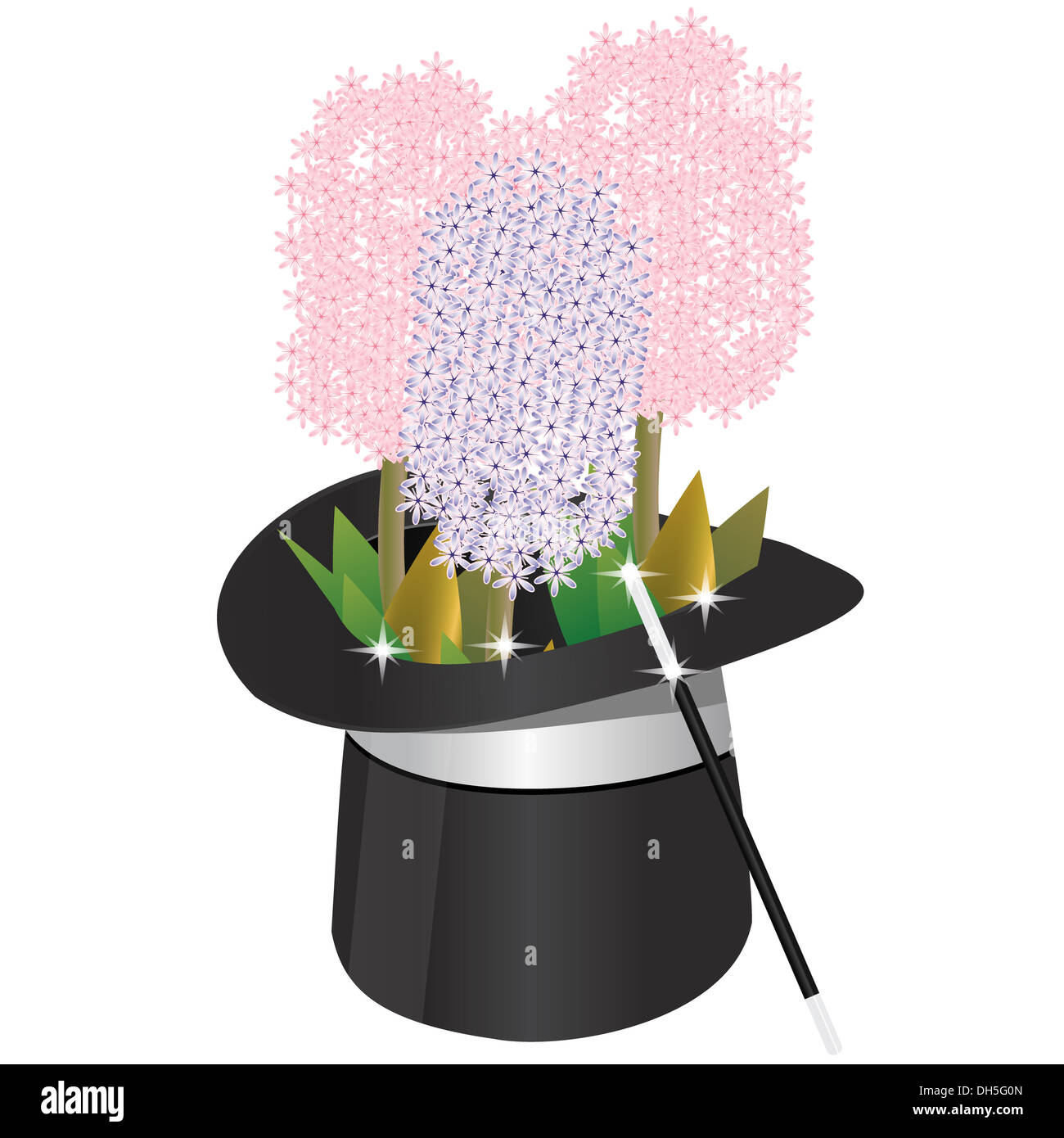 magical hat with flowers and wand Stock Photo - Alamy