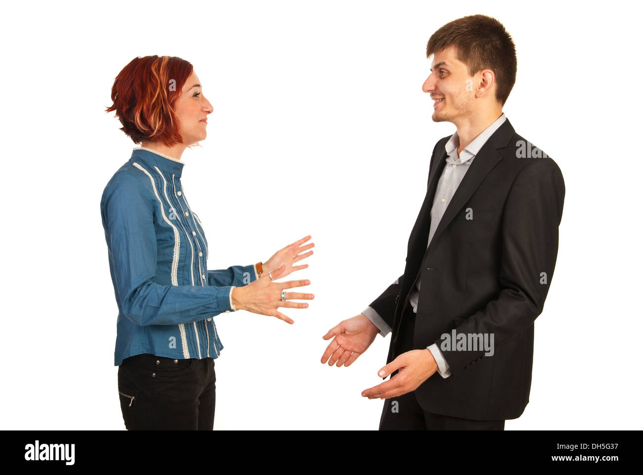 Happy two executives having conversation isolated on white background ...