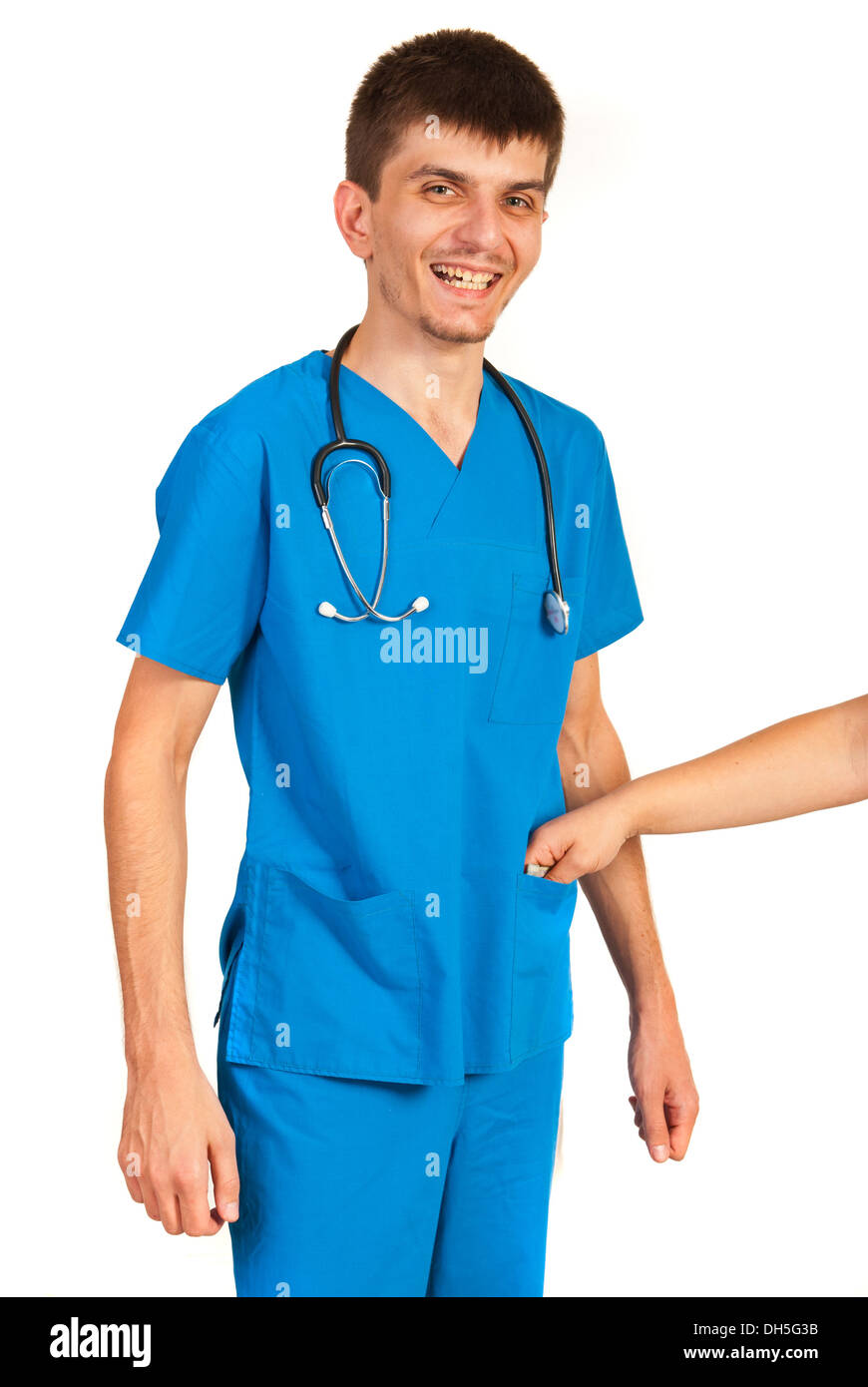 Happy doctor man taking bribe isolated on white background Stock Photo ...
