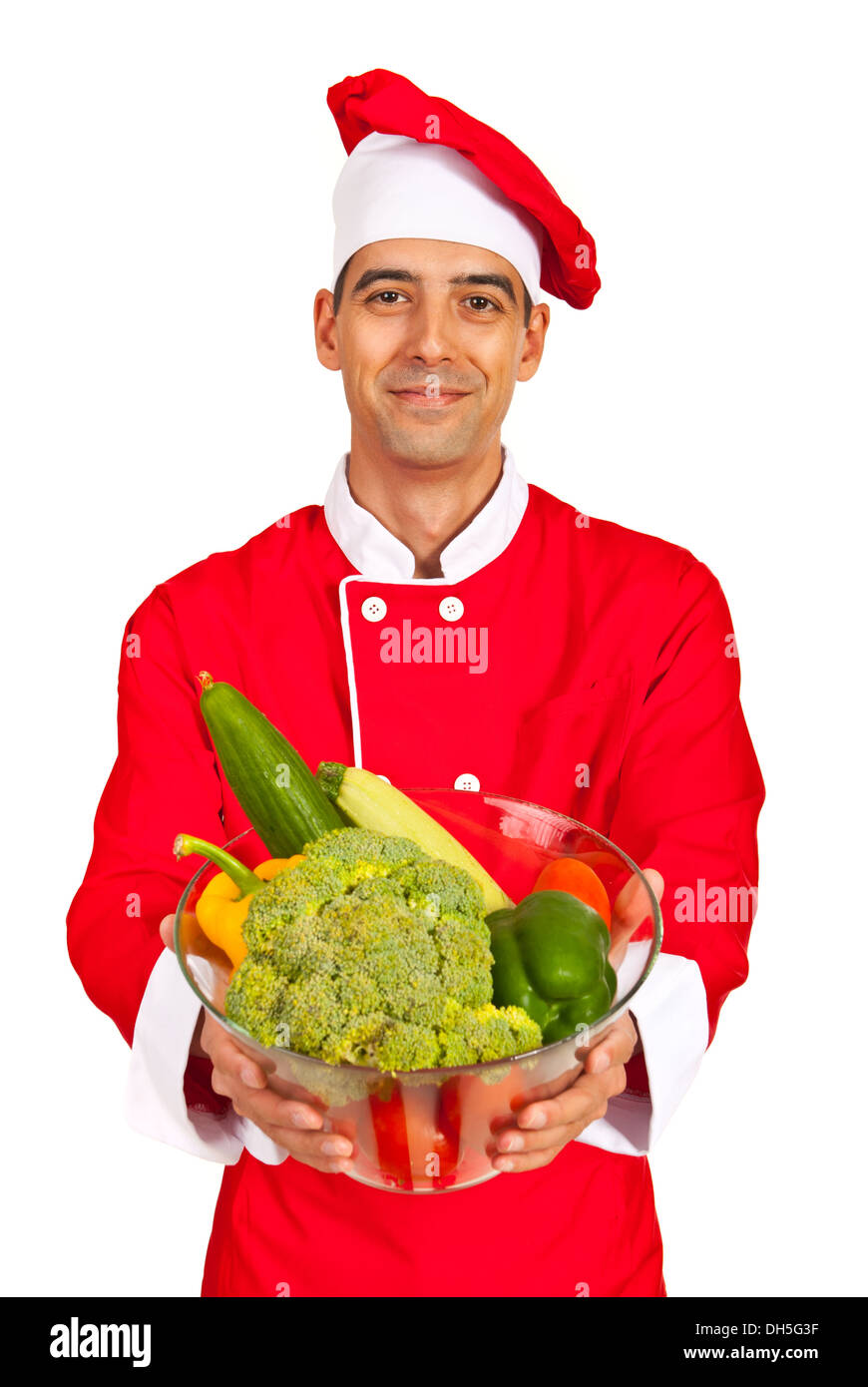 Chef man offering vegetables in a bowl isolated on white background ...