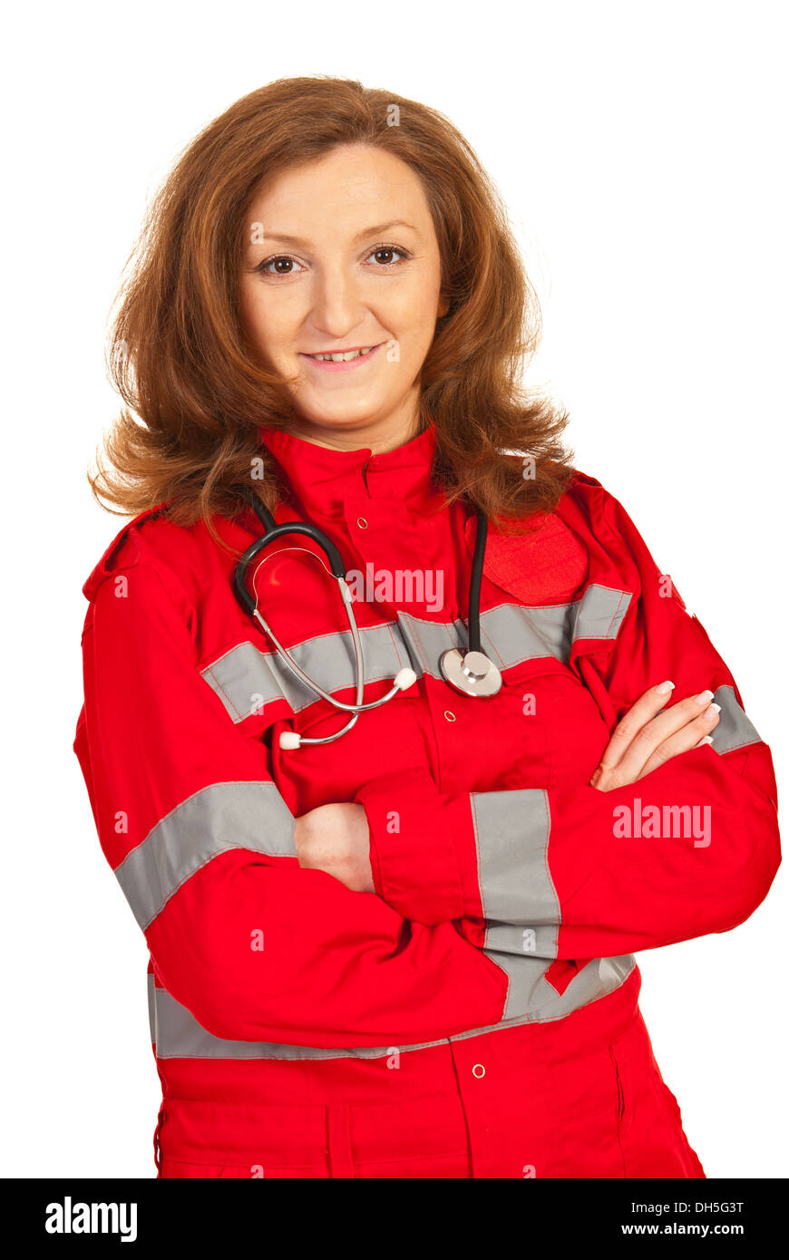 Confident paramedic woman standing with arms folded isolated on white ... Confident paramedic woman standing with arms folded isolated on white ...