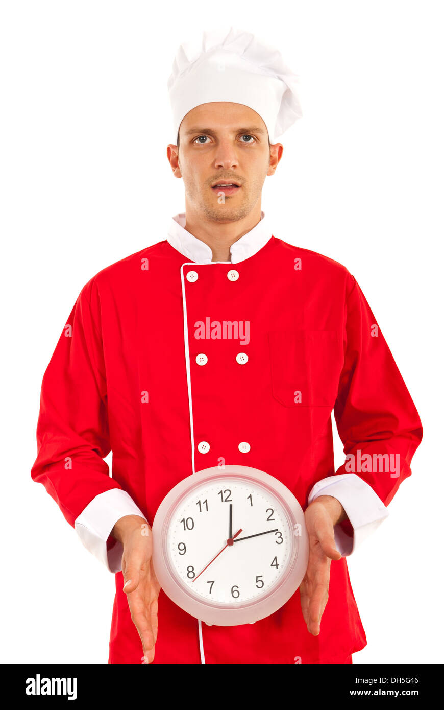 Stressed chef male showing clock isolated on white background Stock ...