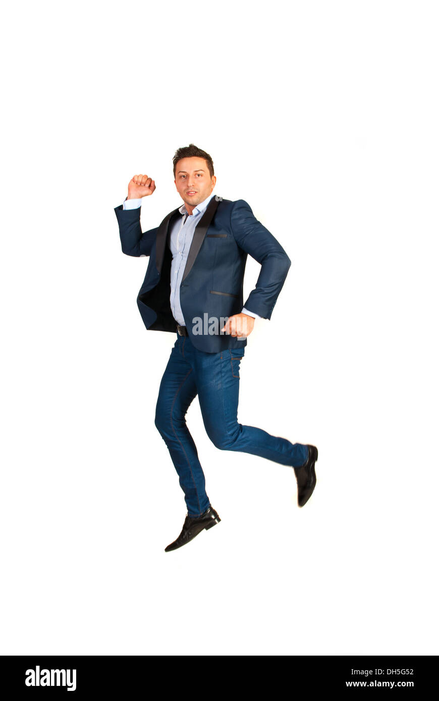 Jumping business man isolated on white background Stock Photo - Alamy