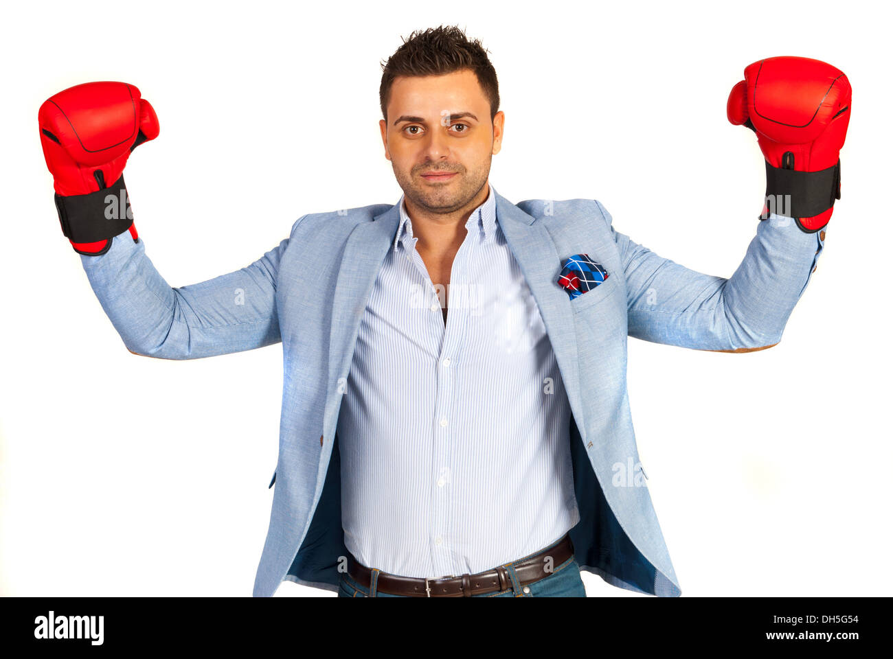 Winner business man with boxing gloves isolated on white background ...