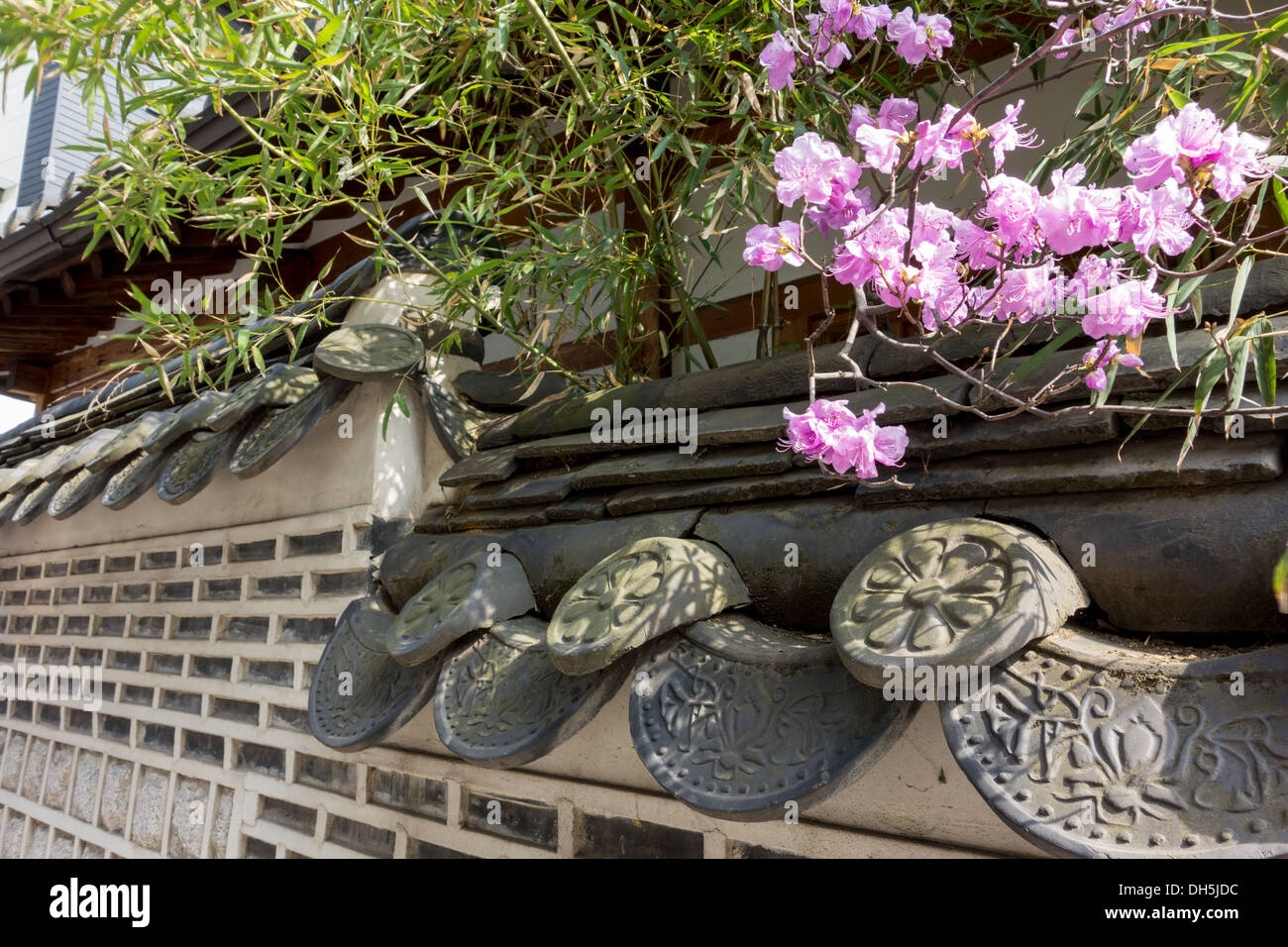 close up details of Korean traditional patterned clay tiles on to ...