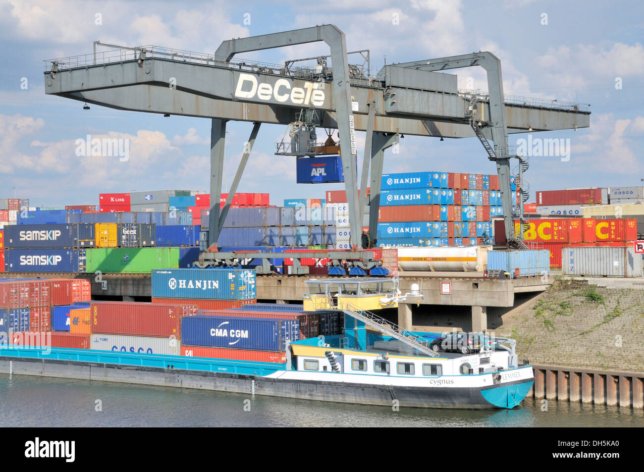 Container ship being loaded, inland port in Duisburg, North Rhine ...