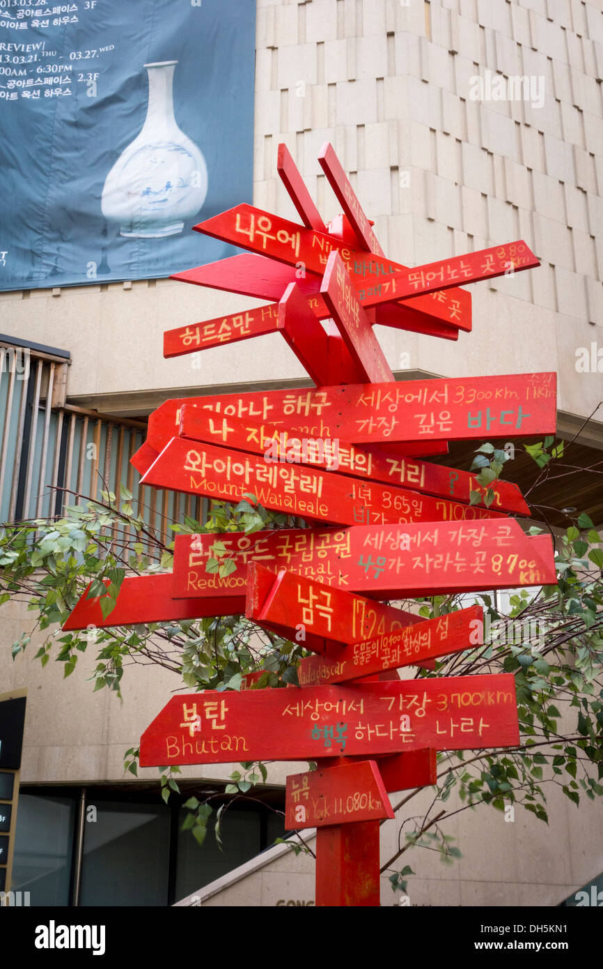 Signpost of showing directions and distances to world's famous ...