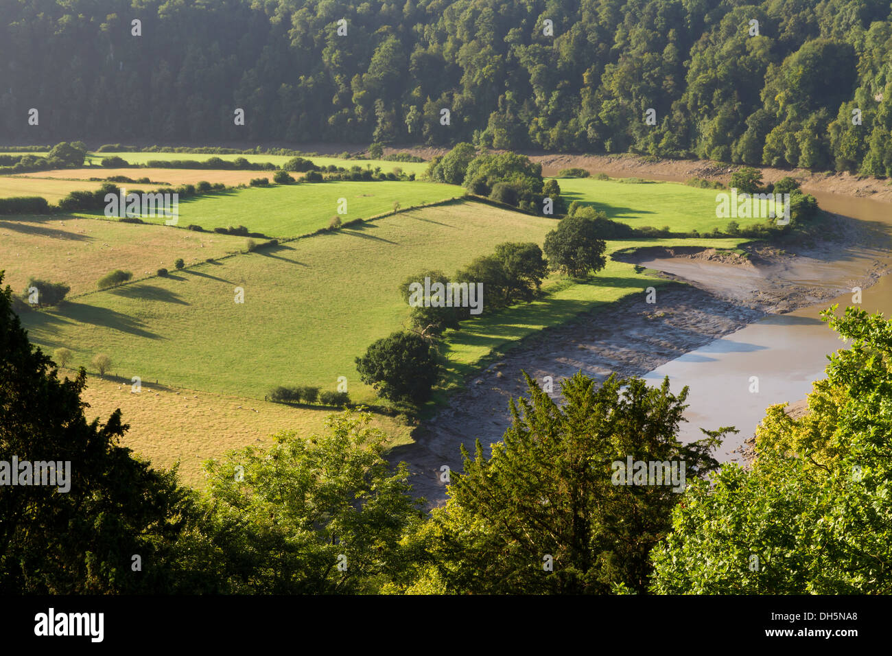 Morning landscape with fields and shadows, River Wye at the Lancaut ...