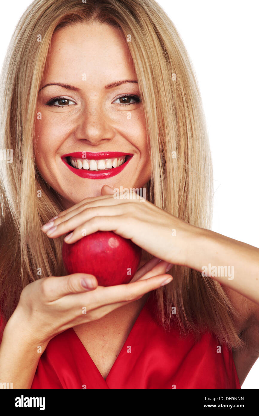 woman eat red apple on white background Stock Photo - Alamy