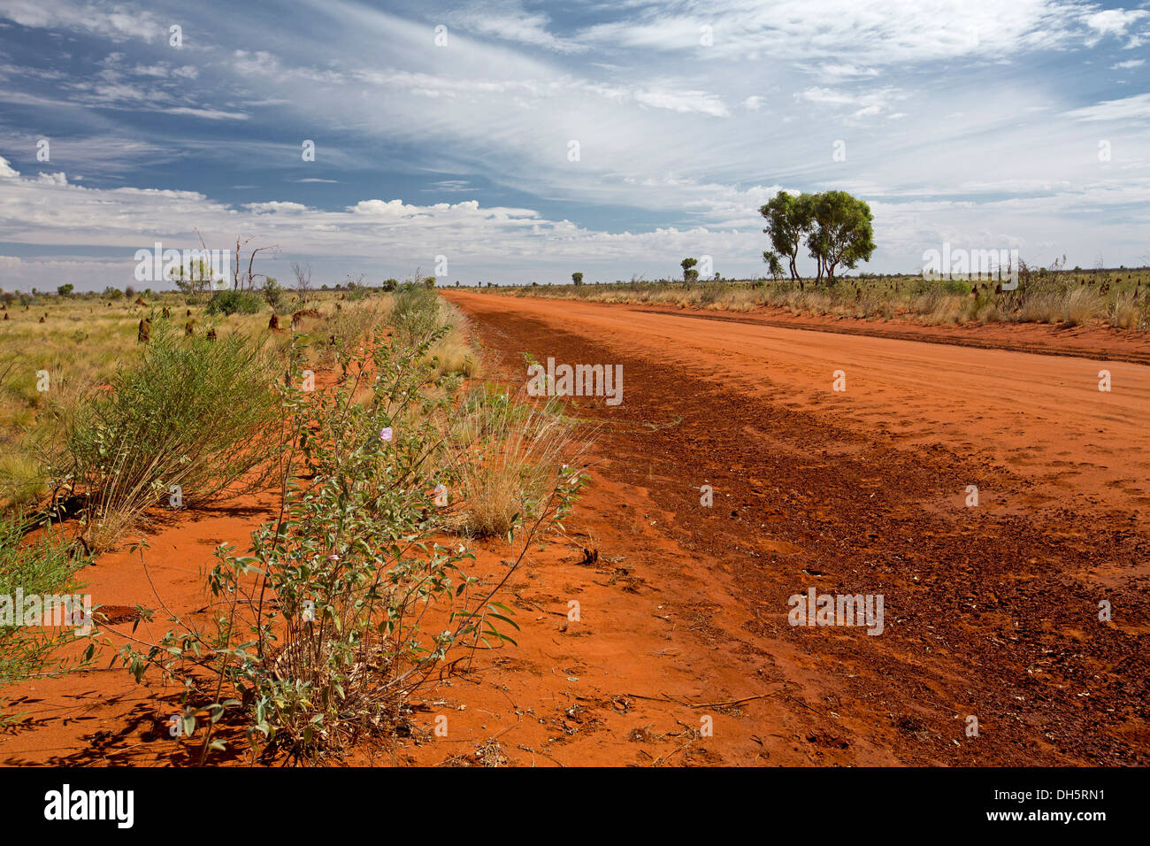 Landscape with long red dirt road of Sandover Highway slicing across ...