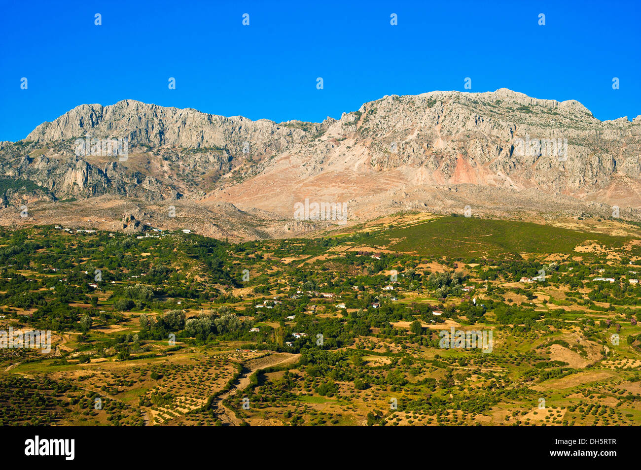 Typical mountain landscape with individual houses, small fields and ...