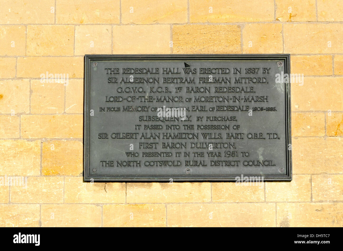 Metal plaque on the wall of Redesdale Hall in Moreton-in-Marsh in the ...